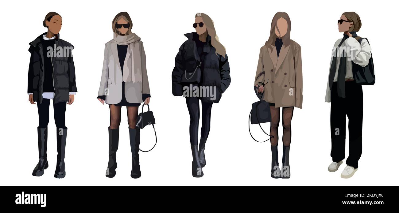Collection of stylish young women dressed in trendy clothes. Set of ...