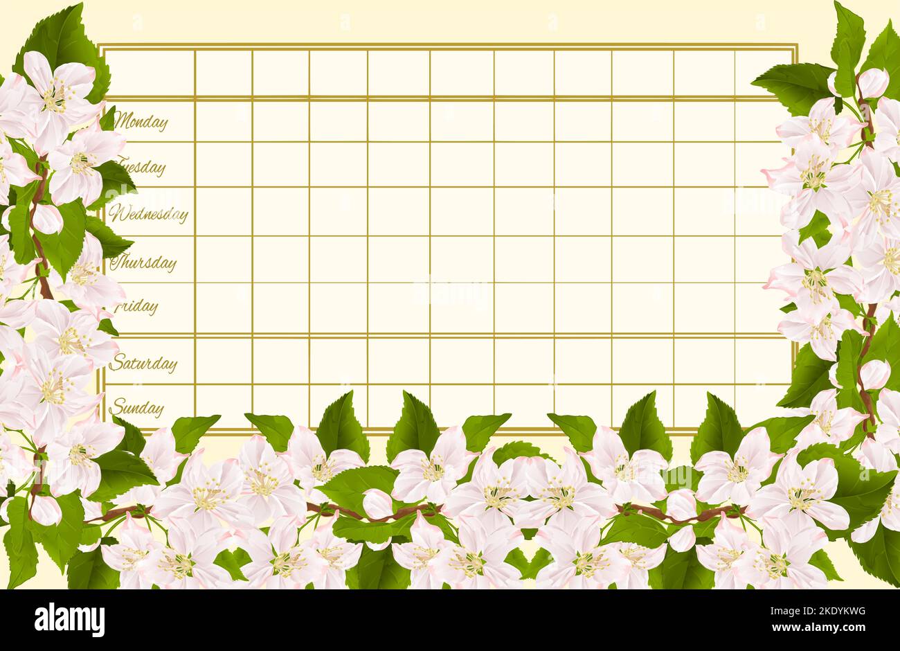 Timetable weekly schedule with twig of apple tree with flowers vintage ...