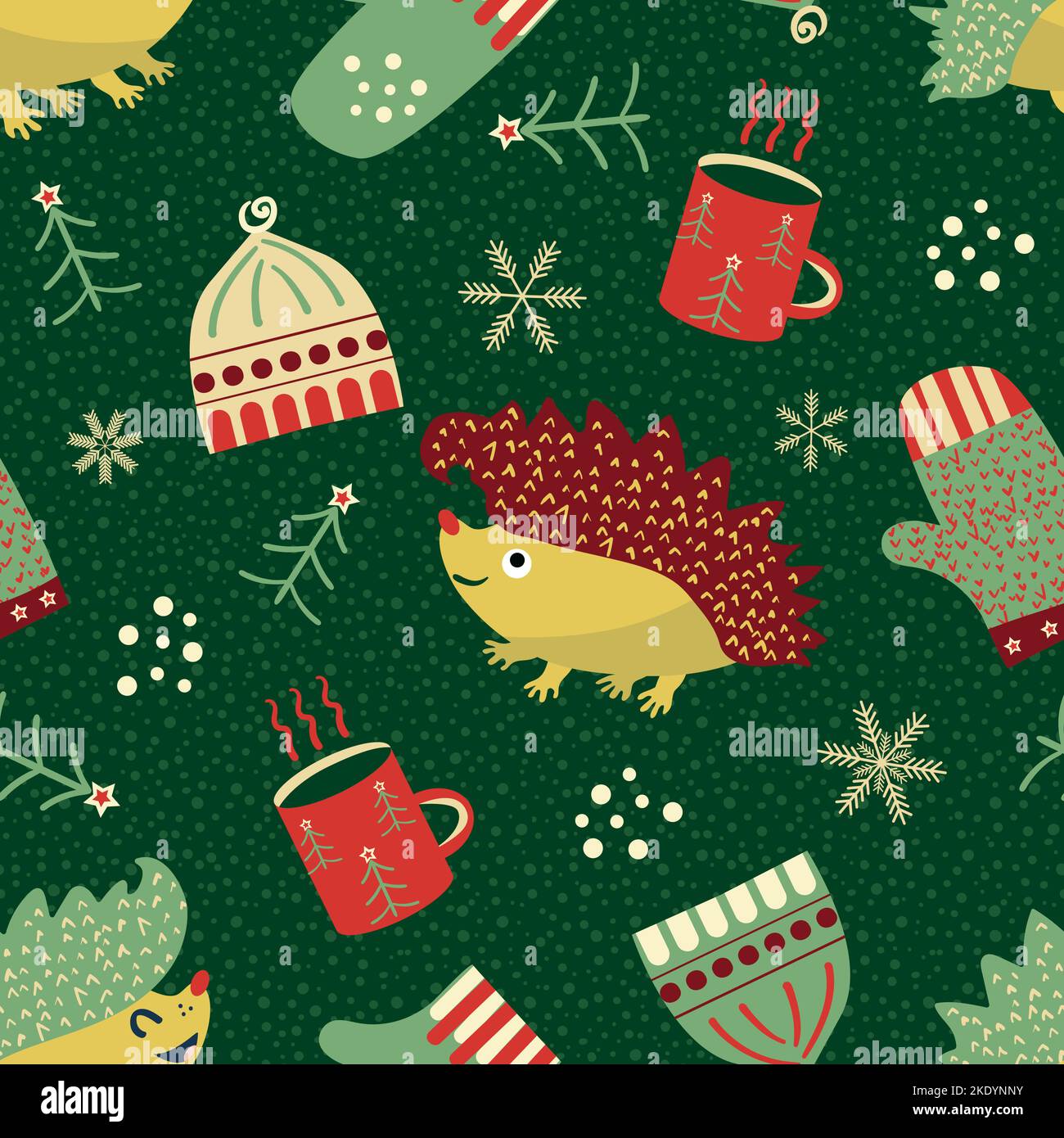 Cute hedgehog, hats, gloves seamless vector pattern backdground. Fun ...
