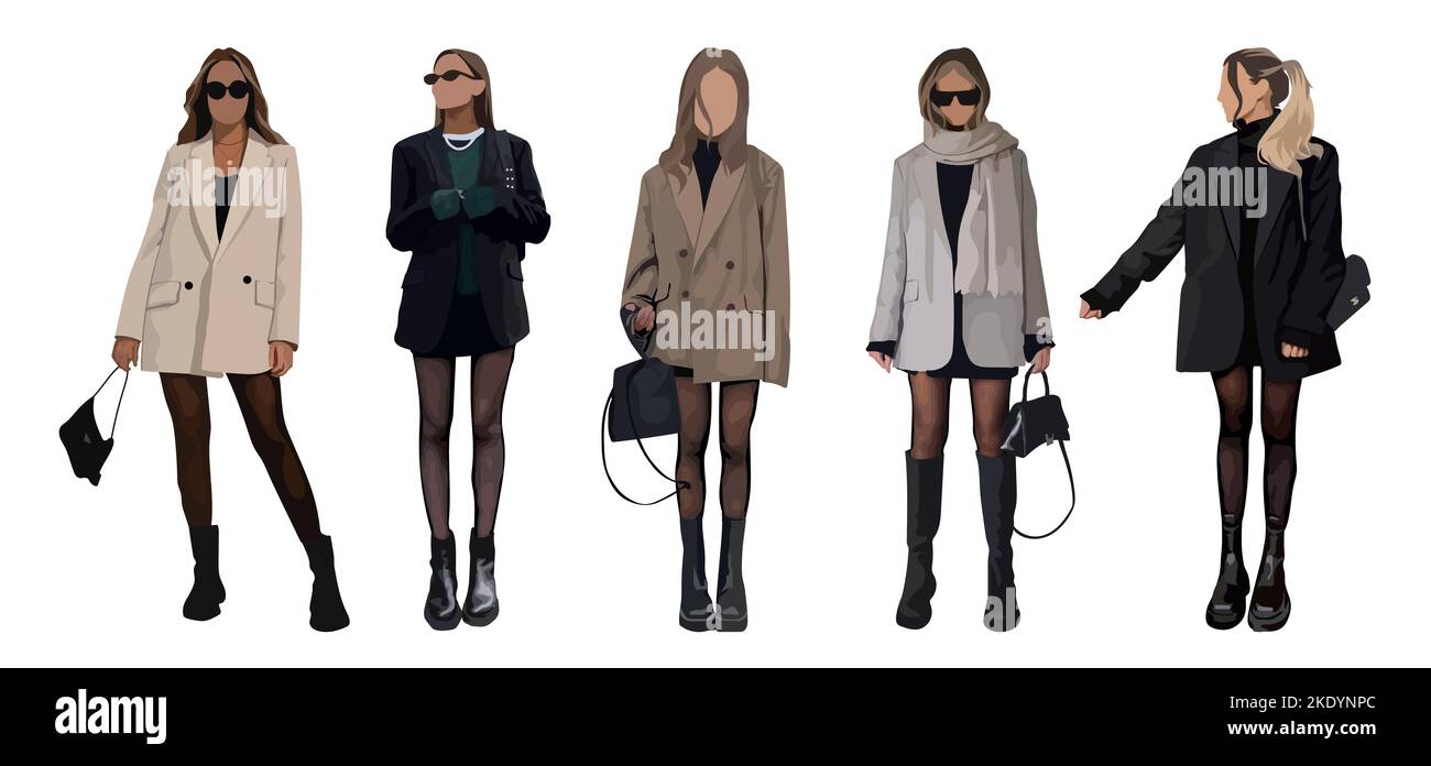 Collection of stylish young women dressed in trendy clothes. Set of ...