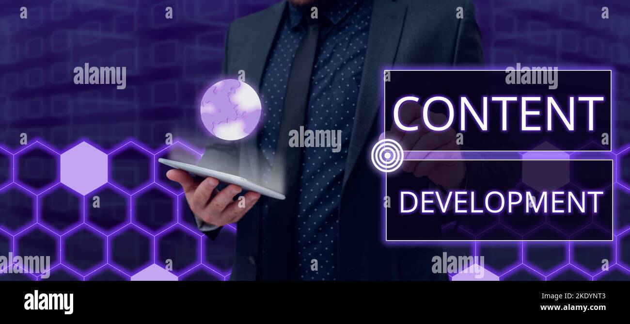 Hand writing sign Content Development, Business concept Specialized in Graphic Design Multimedia ...