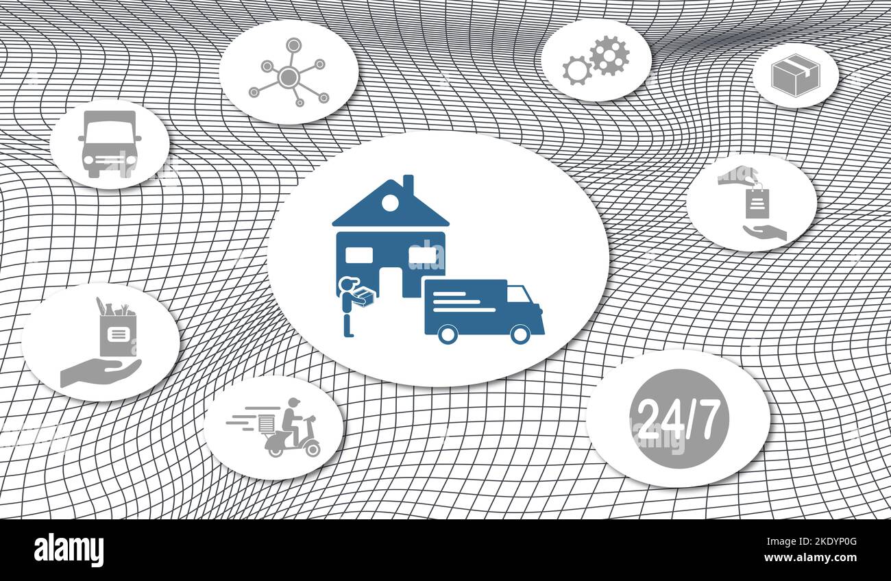 Concept of home delivery with icons on mesh network Stock Photo - Alamy