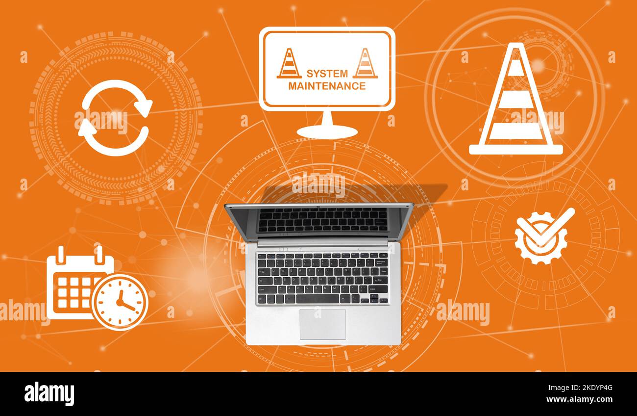 Top view of laptop with symbol of system maintenance concept Stock ...