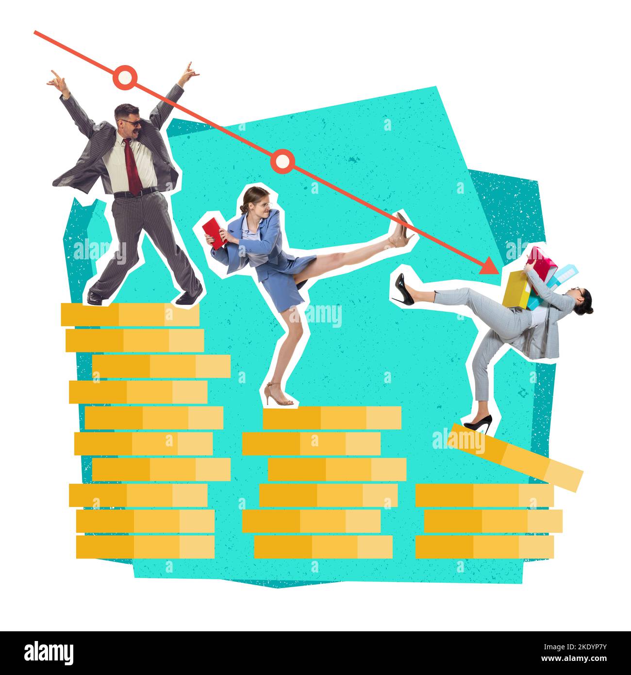 Contemporary art collage. Business people on coins ladder. Professional ...