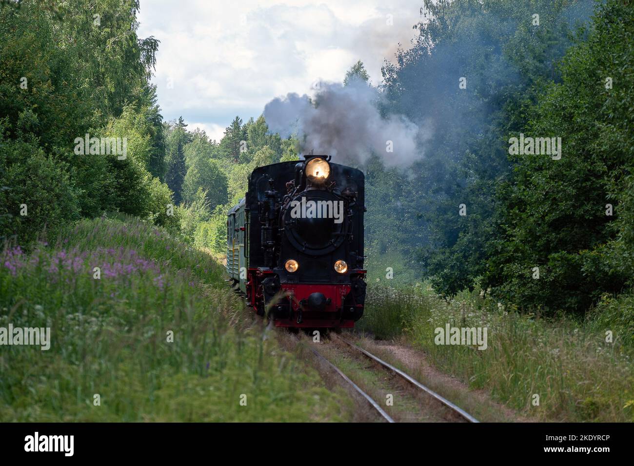 Narrow gauge train with a steam locomotive on the line Gulbene ...