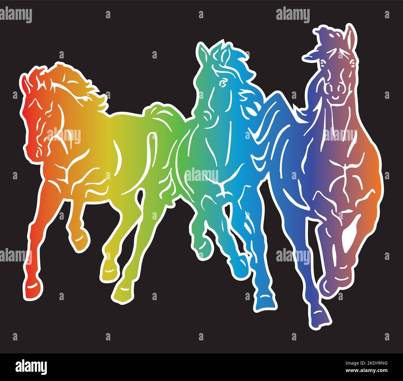A digital drawing of three horses gradient rainbow colored isolated on ...