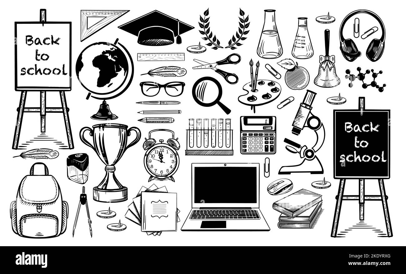 Back to school. Icons in sketch style illustration for teaching ...