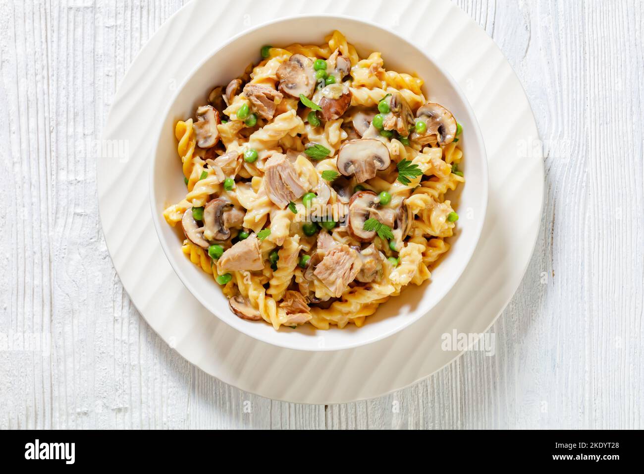 tuna mushroom green pea fusilli casserole with creamy cheese sauce in ...