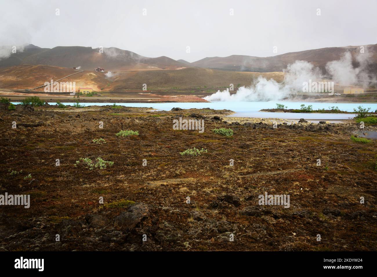 The smokey hot Lake of Myvatn and an active volcanic mountain in ...
