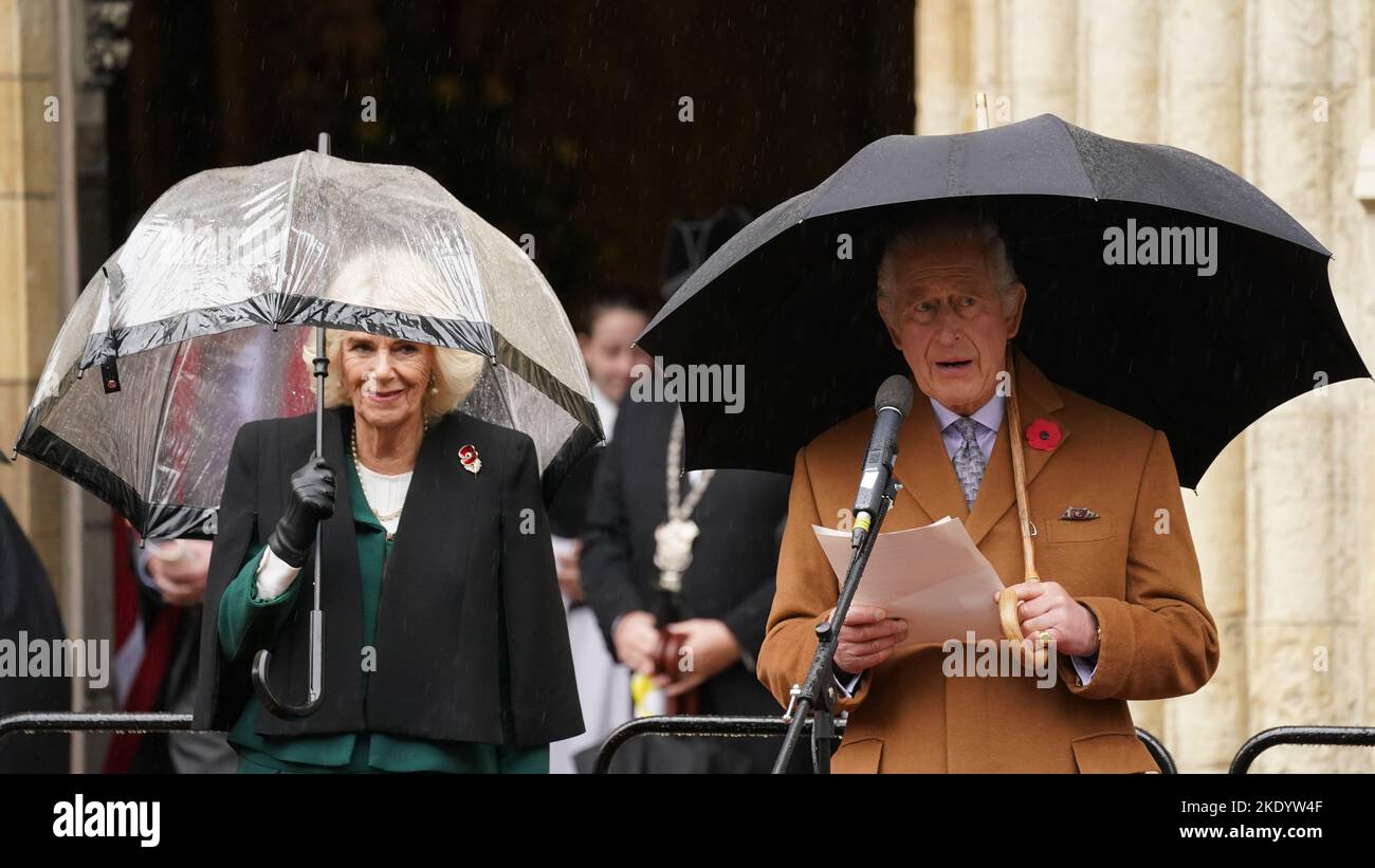 King Charles III and the Queen Consort at the unveiling of a statue of ...