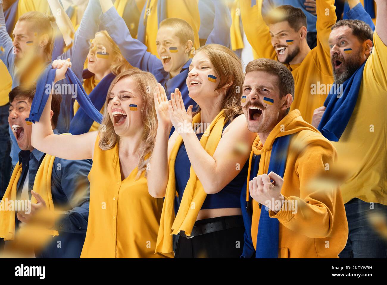 Group of young people, thrilled excited soccer football fans cheering ...