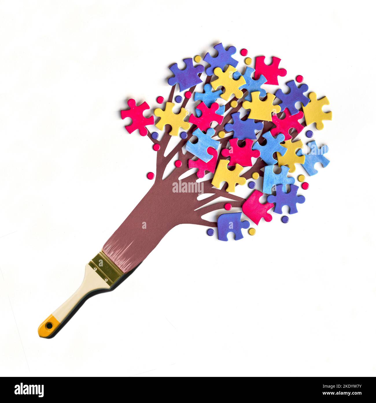 Brush painting abstract tree with colorful vibrant puzzle pieces on off ...