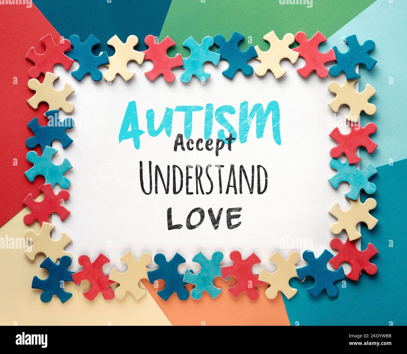 Text World Autism Awareness Month, frame with puzzle pieces. Banner ...