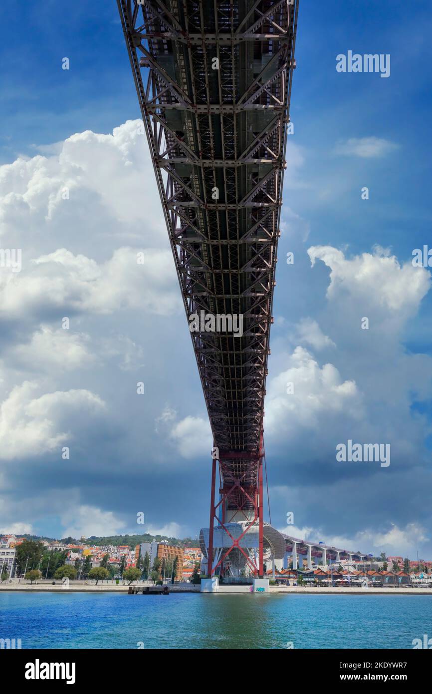 25 April suspension bridge over the Tagus river from under, Lisbon ...