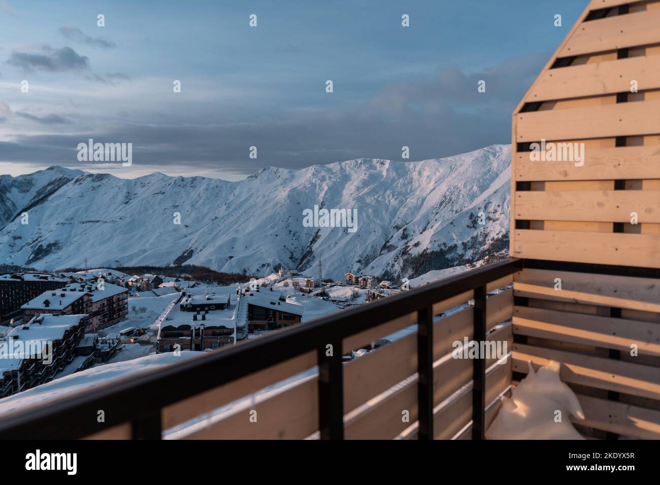 beautiful view from hotel room window at winter mountain at ski resort ...