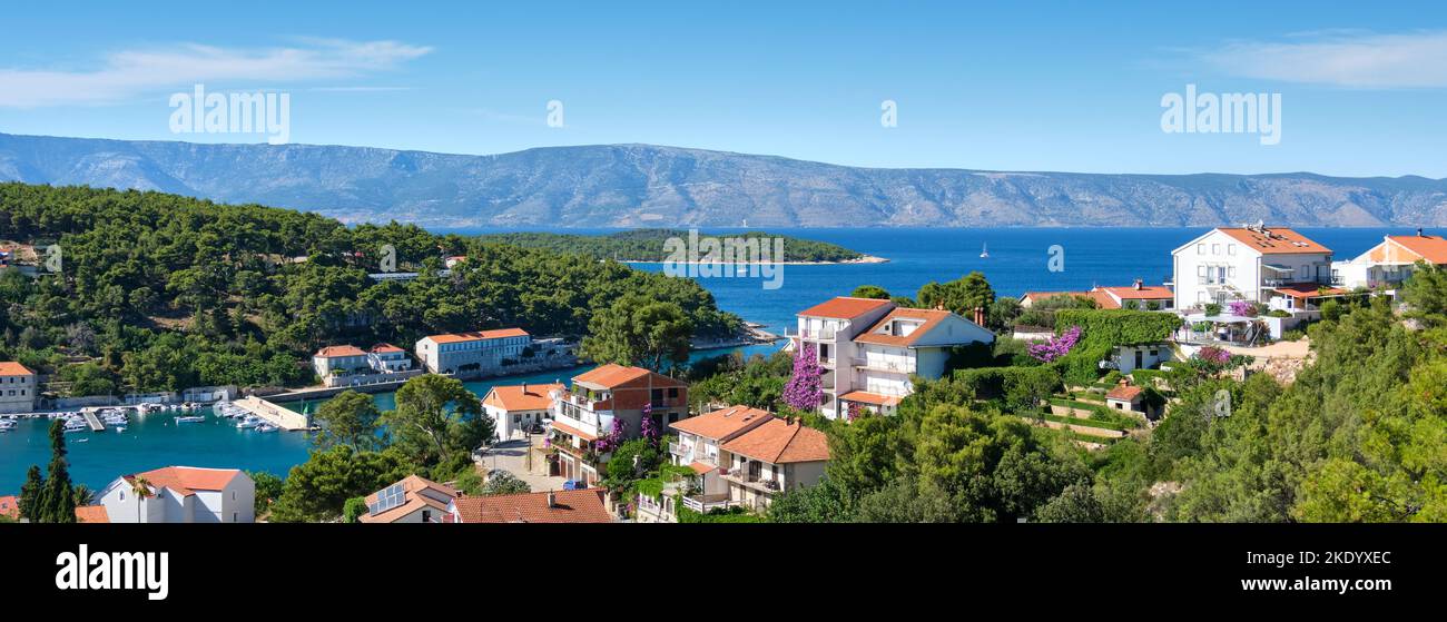 Panoramic view of Jelsa, Hvar island in Croatia. Scenic summer day view ...