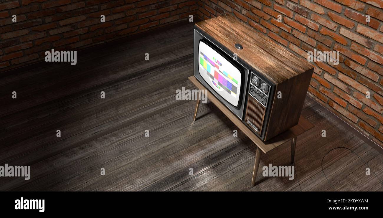 Vintage, retro television set, brick wall - 3D illustration Stock Photo ...
