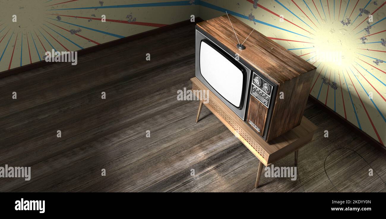 Vintage, retro television set, wallpaper with burst stripes on cracked ...