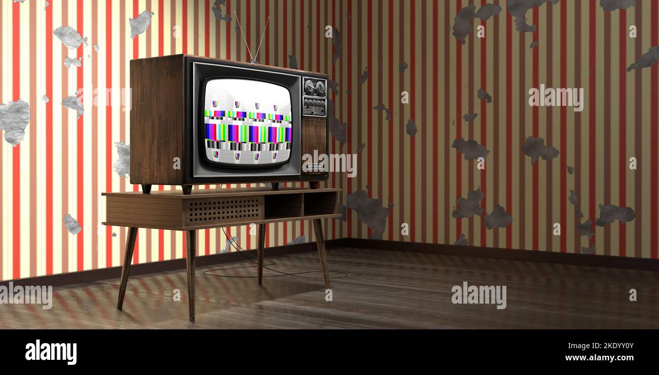 Retro television set, wallpaper with vertical stripes on cracked wall ...