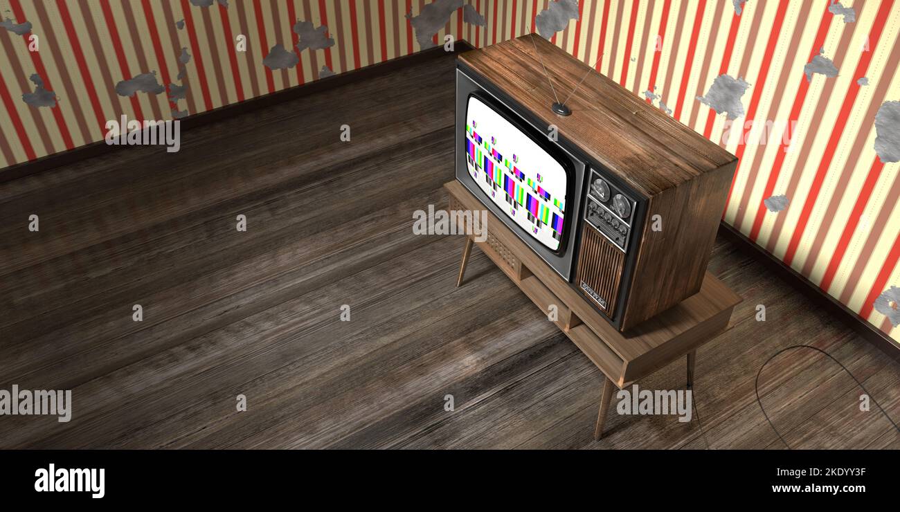Retro television set, wallpaper with vertical stripes on cracked wall ...