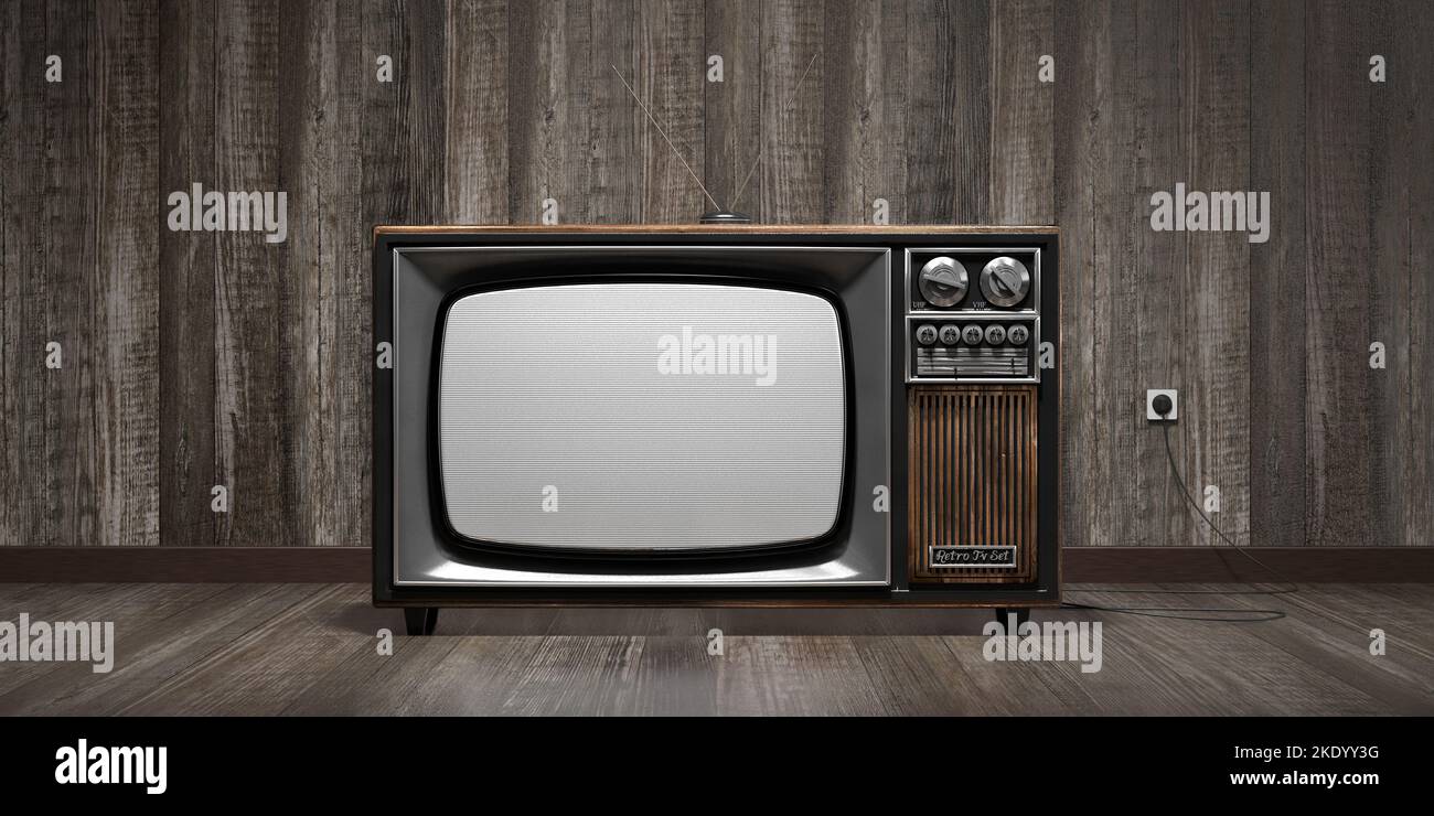 Vintage, retro television set, wooden wall and floor - 3D illustration ...