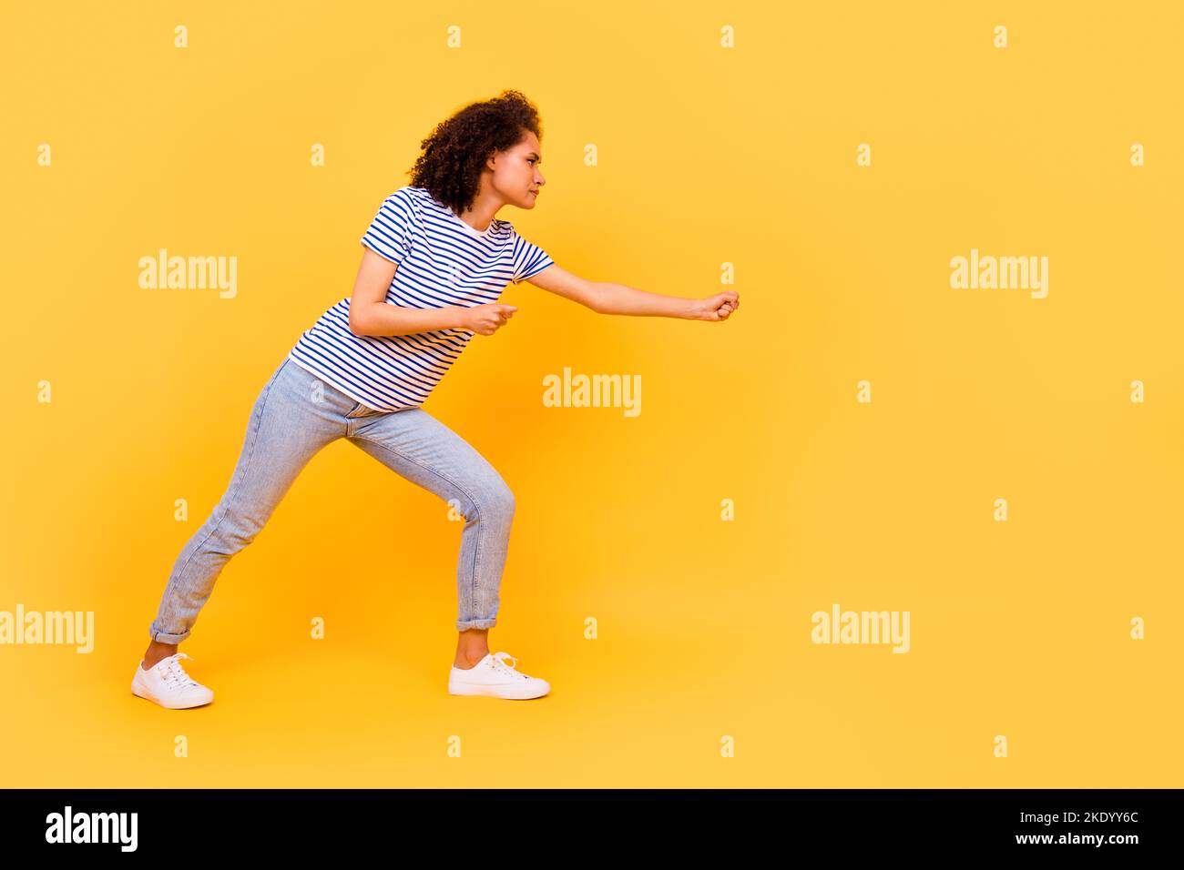 Full length profile photo of focused concentrated person arms hold pull ...