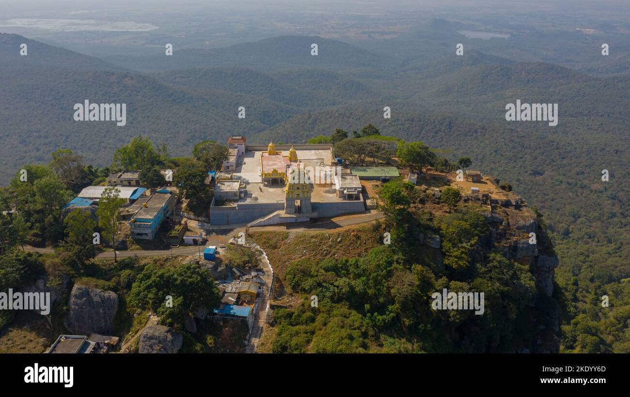An aerial view of the Karnataka temple, Ranganatittu, Malamahadeshwara ...
