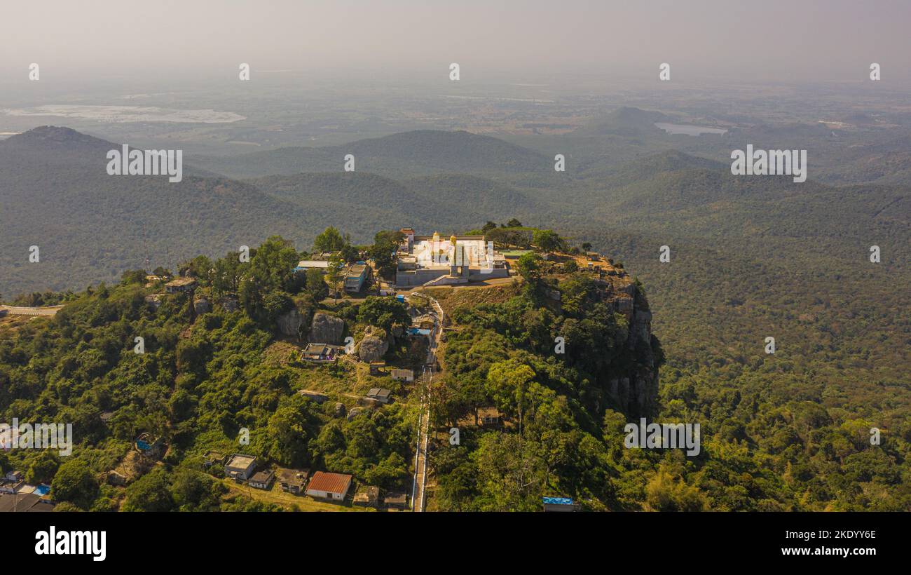 An aerial view of the Karnataka temple, Ranganatittu, Malamahadeshwara ...