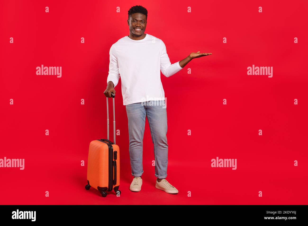 Full size photo of handsome positive male recommend you vacation travel ...