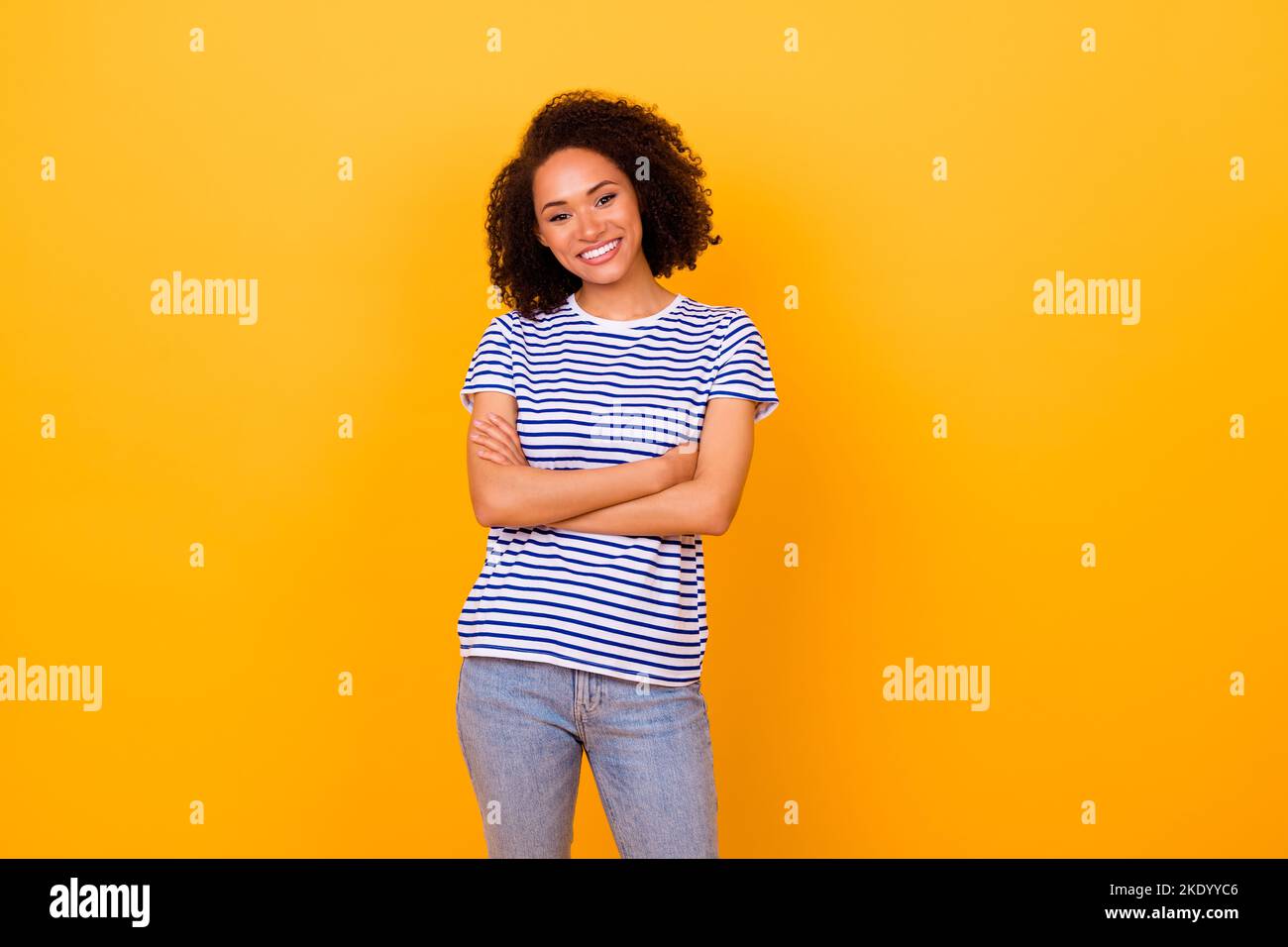 Photo of charming dreamy lady wear white t-shirt arms folded empty ...