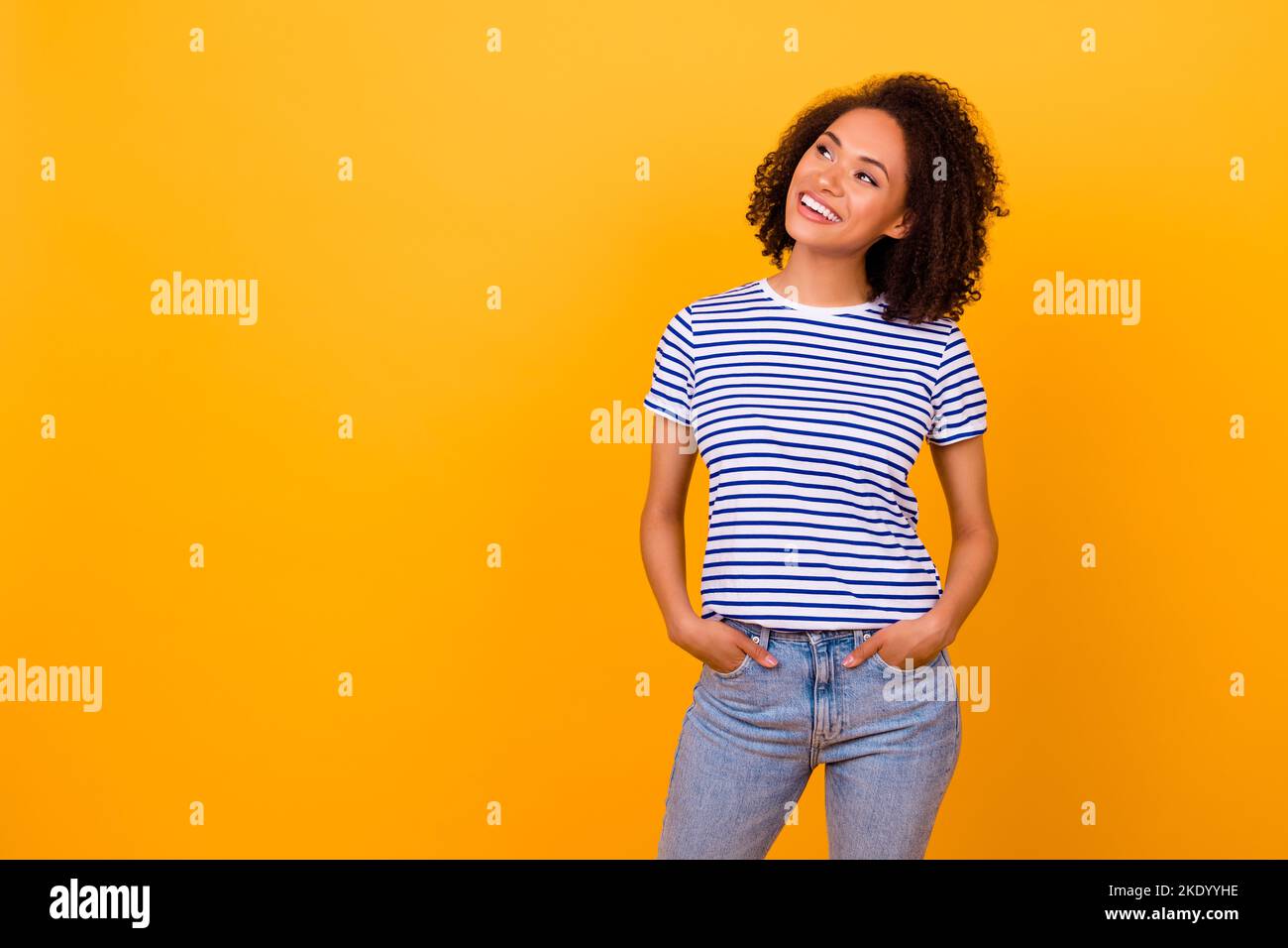 Photo of thoughtful cheerful lady wear white t-shirt smiling looking ...