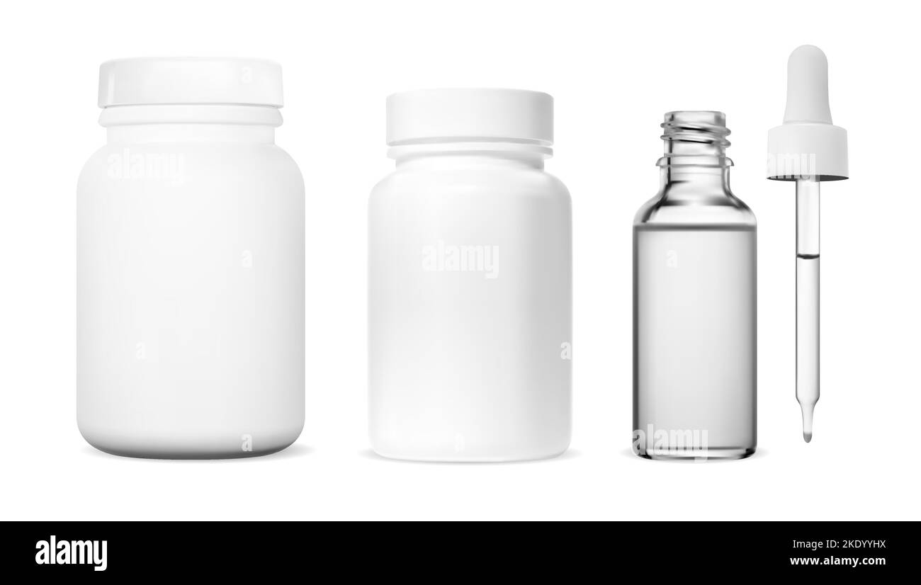 White pill jar. Vitamin capsule bottle set, vector template. Supplement ...