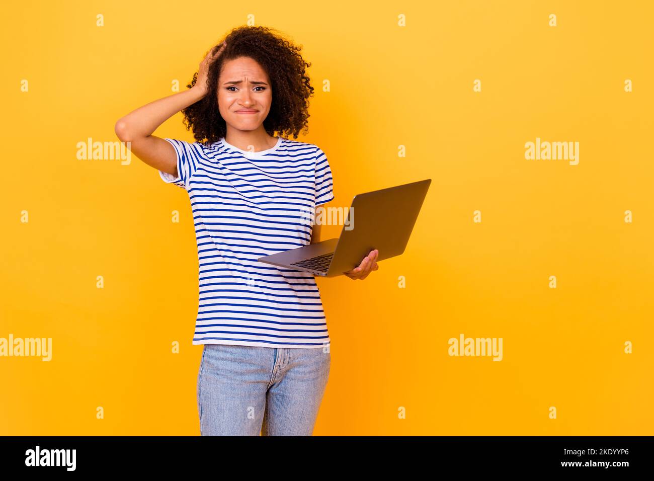 Photo of unsatisfied dissatisfied attractive lady hand touch head ...