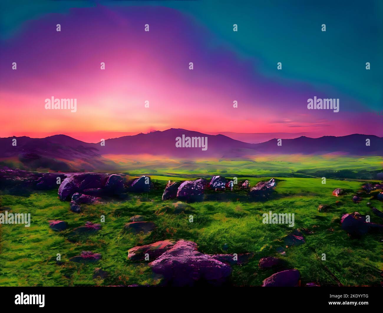 Fairy valley with scenic mountains at vibrant sunset background ...