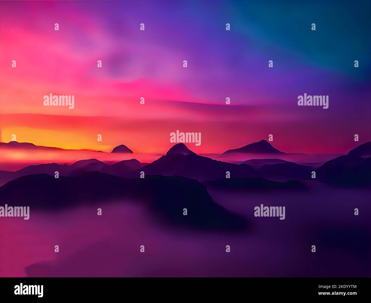 Vibrant scenery of hills in the clouds at sunset. Charming nature of ...
