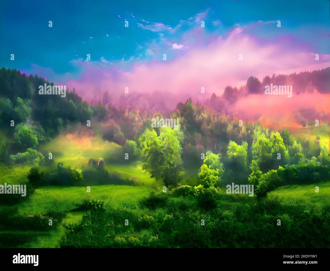 Fairy green valley with colorful clouds in the background, Iceland ...