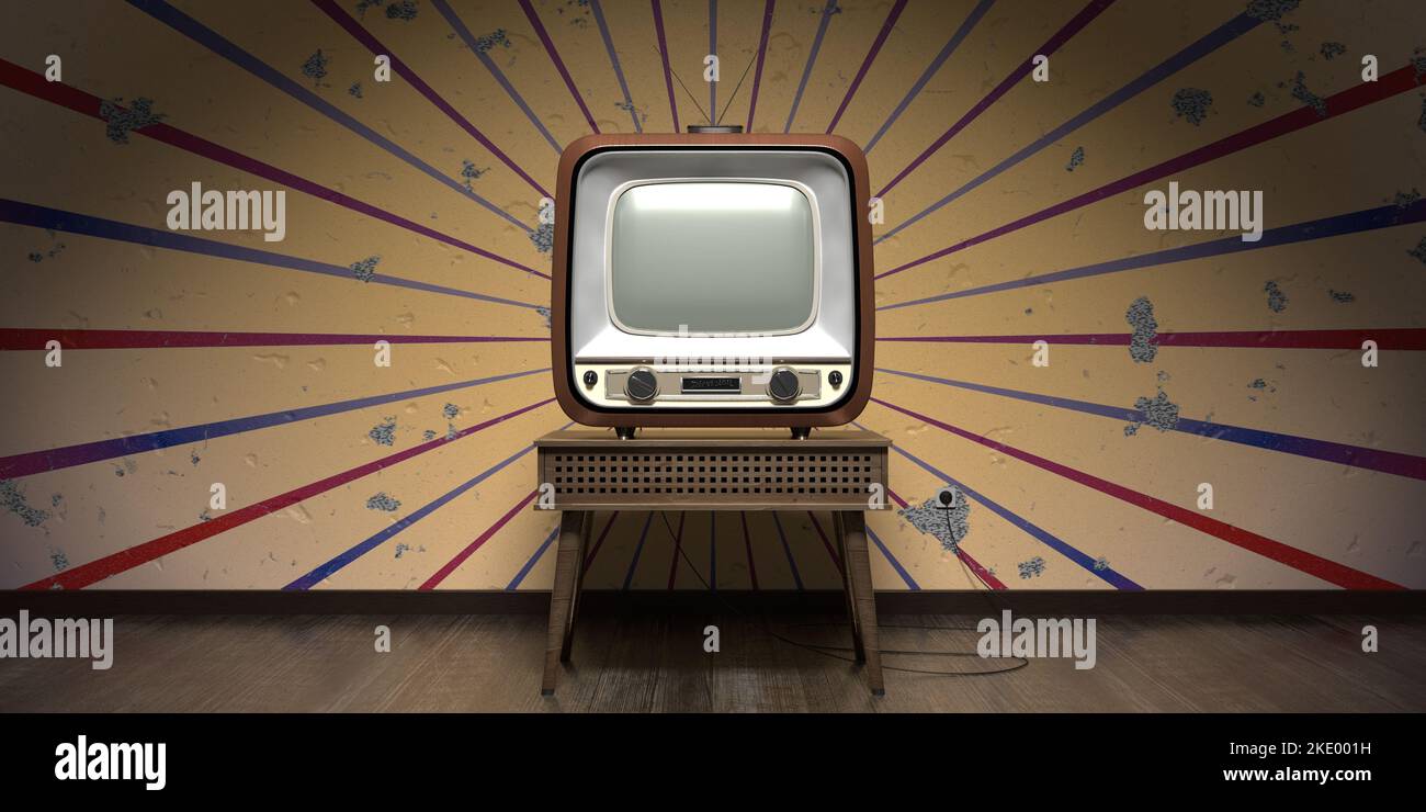 Vintage, retro television set, wallpaper with burst stripes on cracked ...