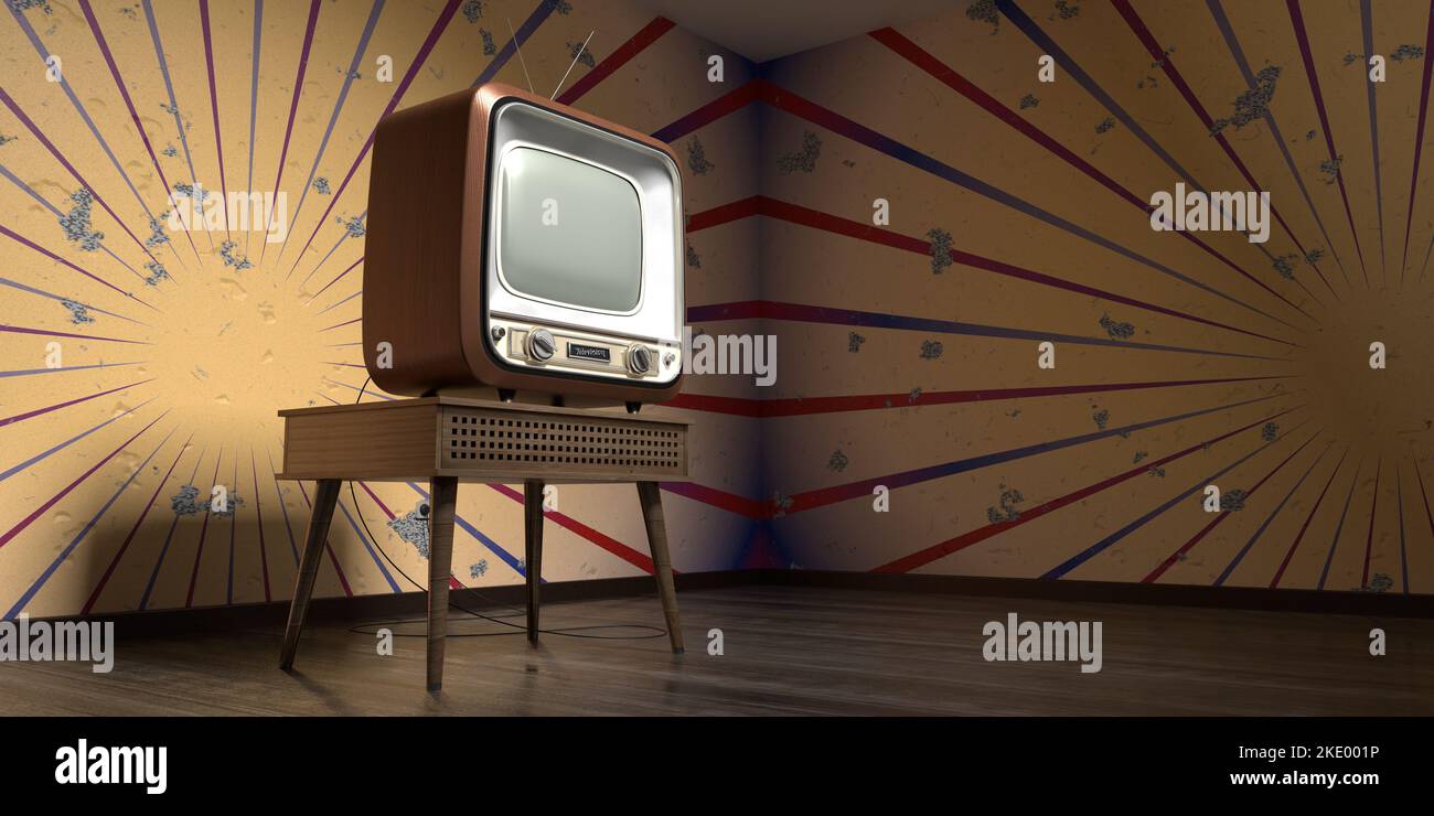 Vintage, retro television set, wallpaper with burst stripes on cracked ...