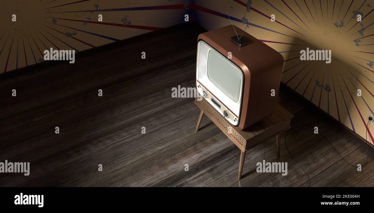 Vintage, retro television set, wallpaper with burst stripes on cracked ...