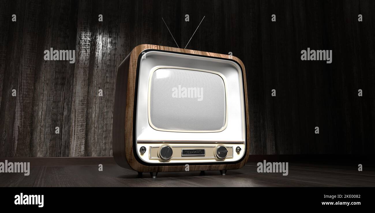 Vintage, retro television set, wooden wall and floor - 3D illustration ...