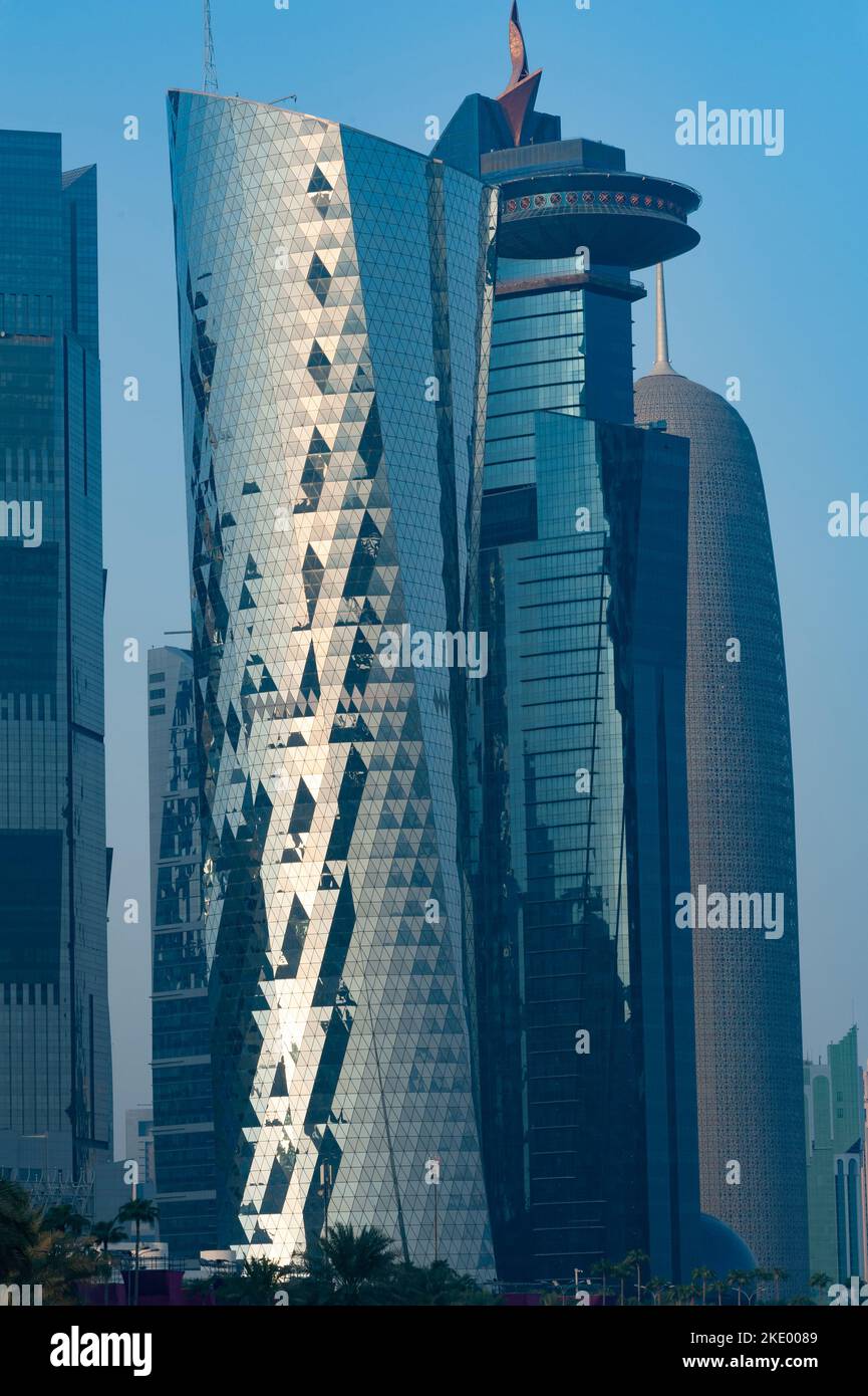 Doha, Qatar. September 20th 2019 Modern glass fronted skyscrapers and ...