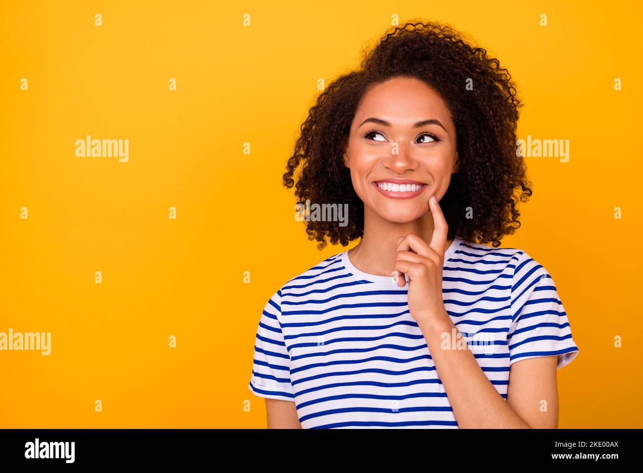 Photo of shiny thoughtful lady wear white t-shirt finger chin looking ...