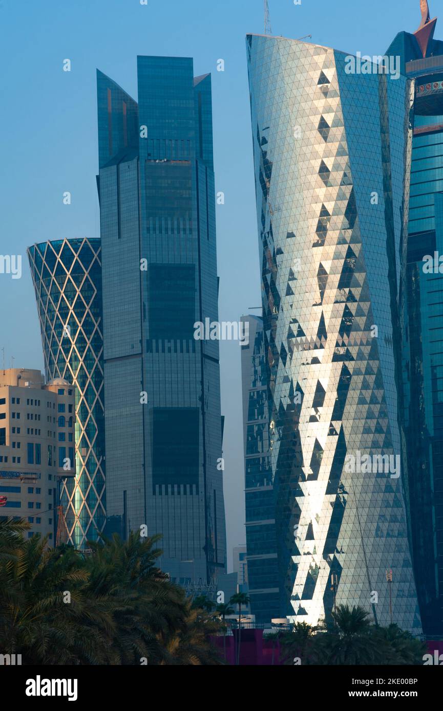Doha, Qatar. September 20th 2019 Modern glass fronted skyscrapers and ...