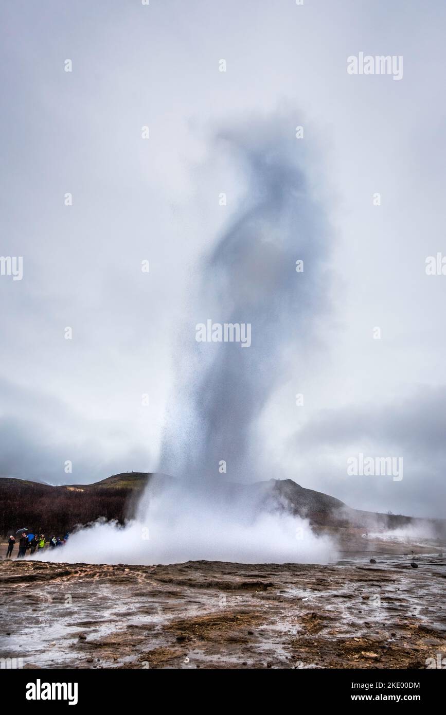 A beautiful shot of Strokkur fountain-type geyser in the Geysir ...