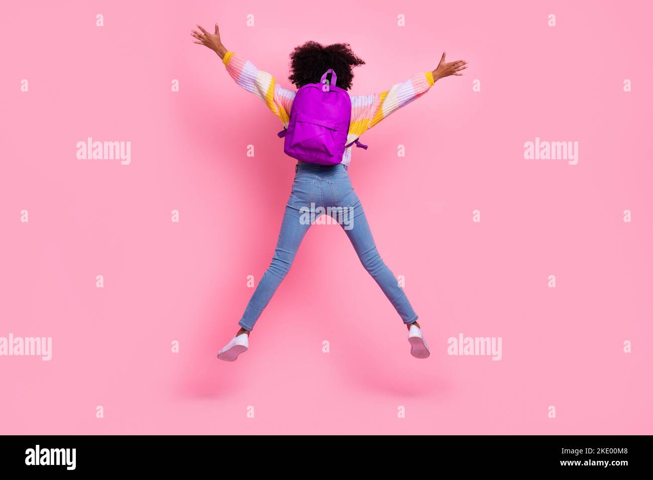 Full length photo of funky excited little child dressed pastel pullover ...