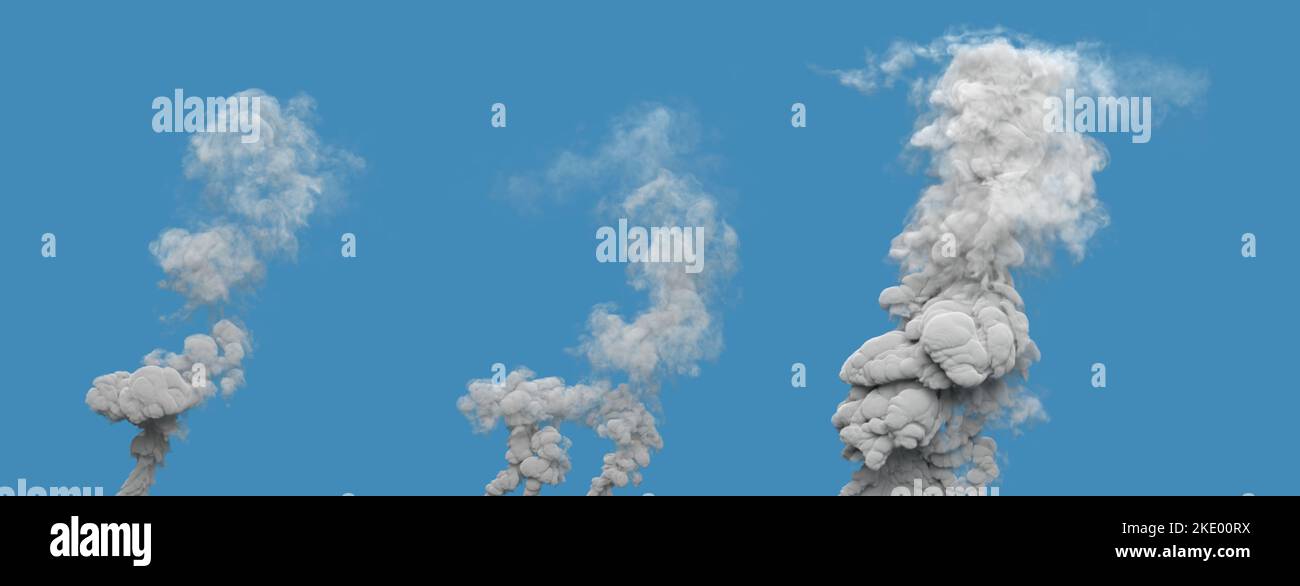 3 grey contamination smoke columns from waste burning on blue, isolated ...
