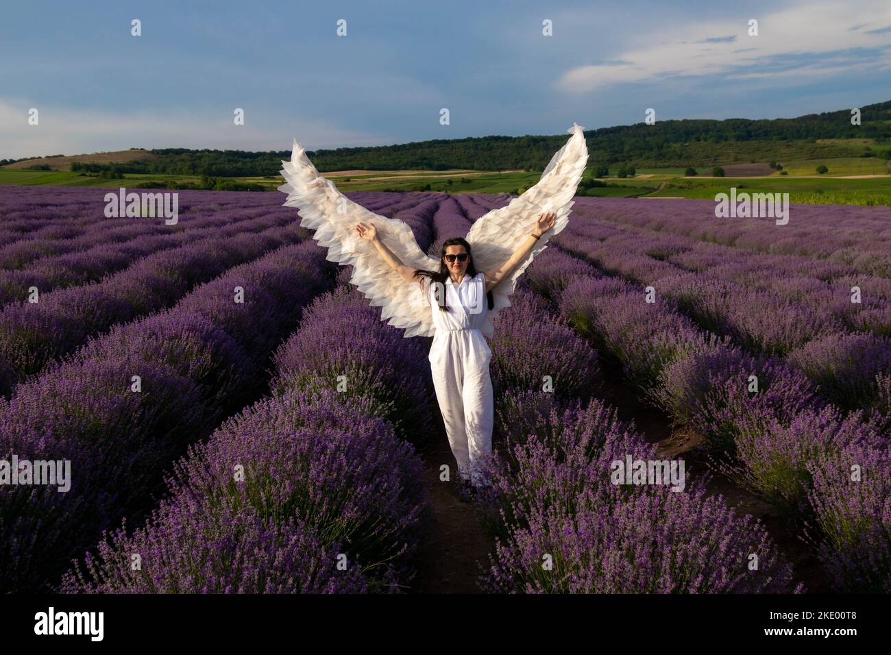 A caucasian woman with angel wings posing in a lavender field Stock ...