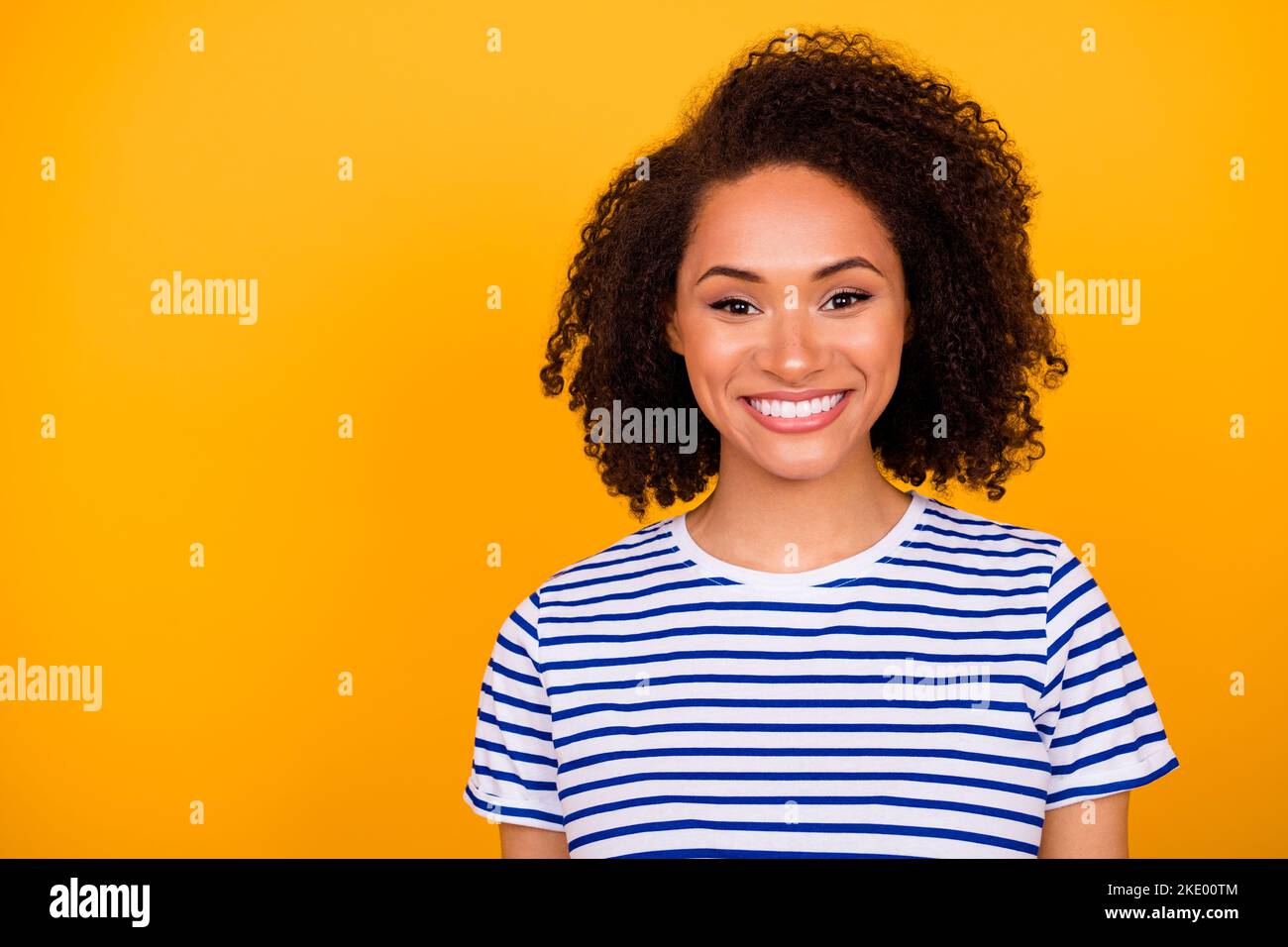 Photo of sweet shiny lady wear white t-shirt smiling empty space ...