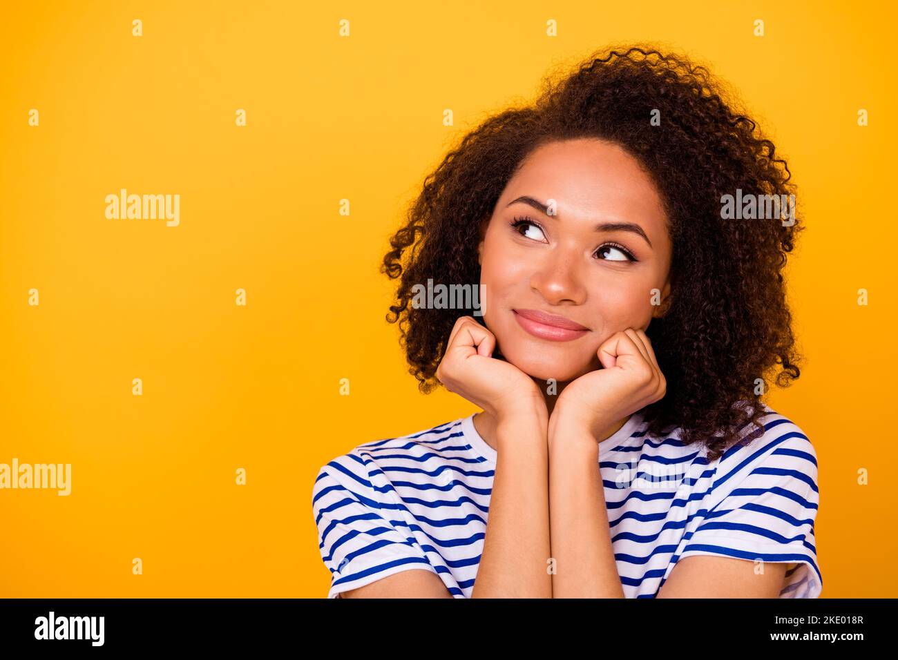 Photo of dreamy sweet lady wear white t-shirt arms cheeks looking empty ...