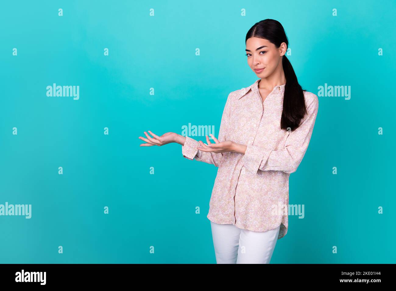 Photo of gorgeous nice lady arms palms showing empty space promo ...